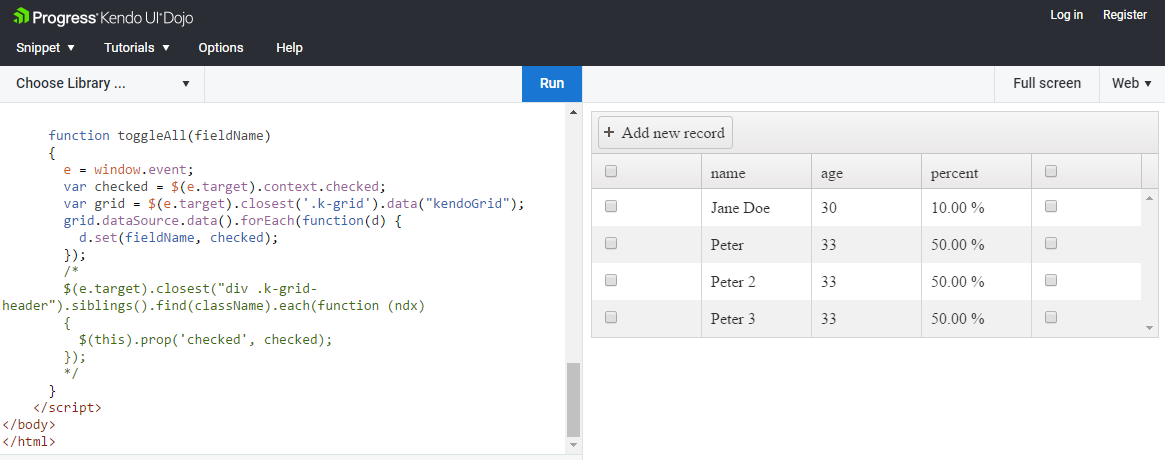 How to implement [Check All] Checkbox in Kendo ui grid